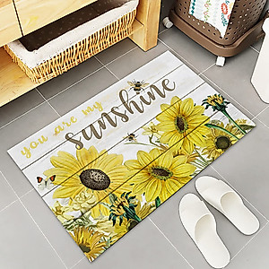 DIOMECL Sunflower 2 Piece Kitchen Rugs Anti Fatigue Mat Set Non Slip Cushioned Standing Kitchen Runner Mats 15.7x23.6inch+15.7x47.2inch, Fresh Sunflowers Bees on Wooden Board