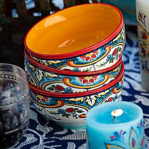 Euro Ceramica Zanzibar Collection Vibrant 5.6" Ceramic Cereal/Soup Bowls, Set of 4, Spanish Floral Design, Multicolor