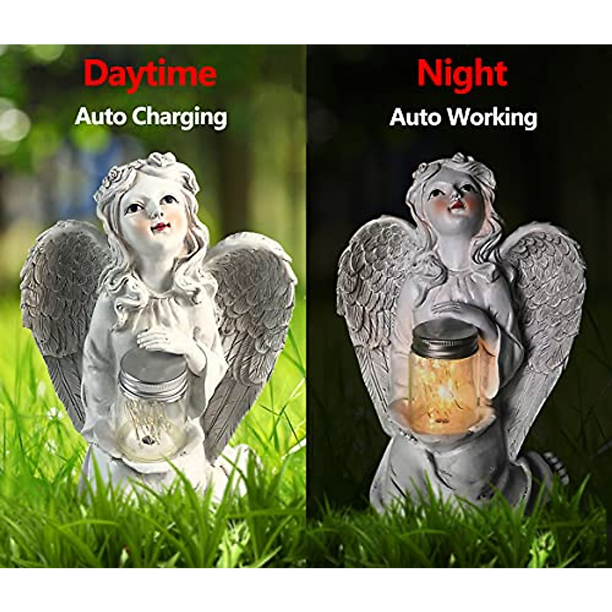 Hewory Solar Angel Garden Statue, Guardian Angel Solar Light Figurine, Memorial Gifts Resin Sculpture Outdoor Decor for Home Patio Yard Lawn Porch