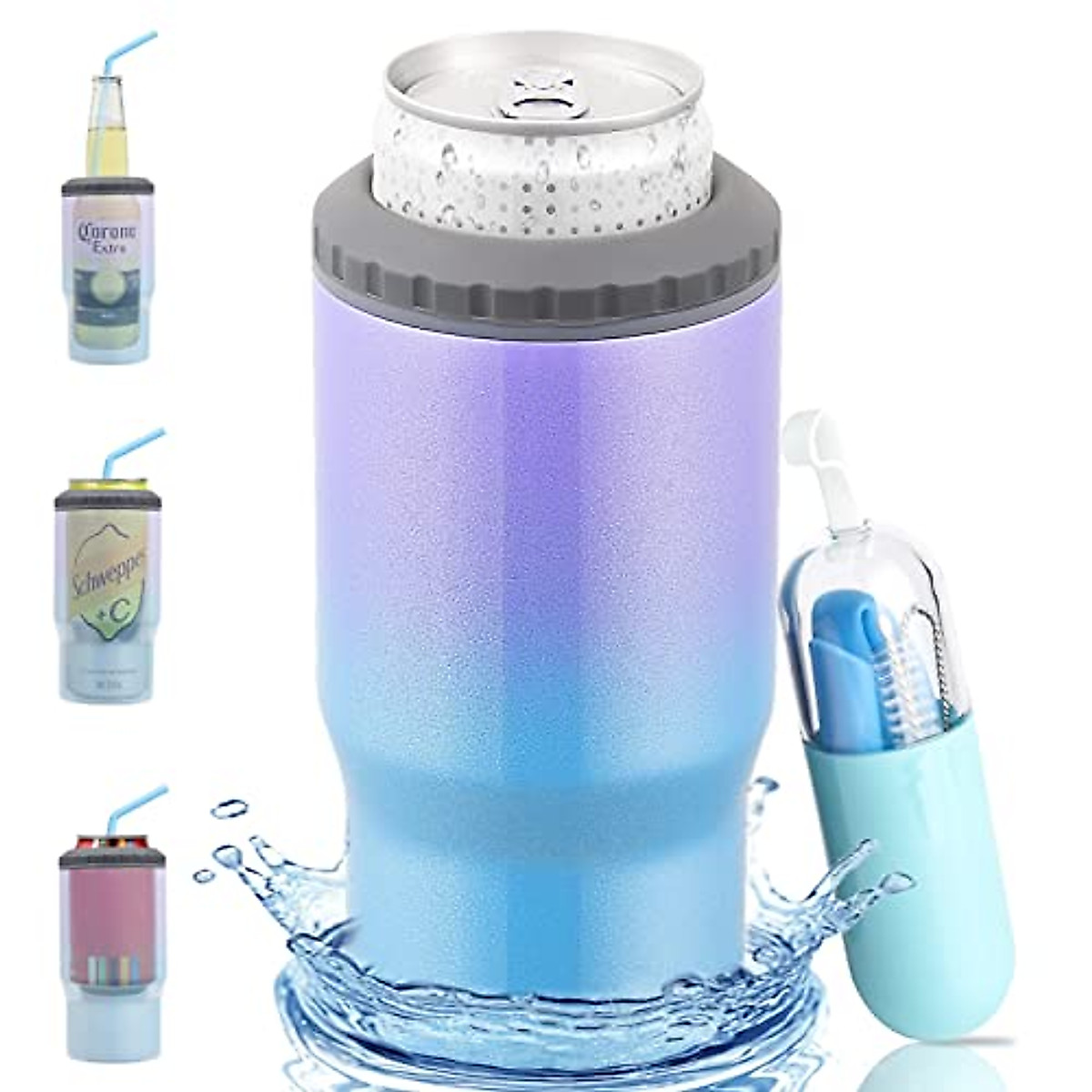 4 in 1 Can Cooler Water Bottle, 12oz Stainless Steel Beer Bottle with Straw Fits Slim Skinny Bottle & Can, Non-Slip | Blue Gradient