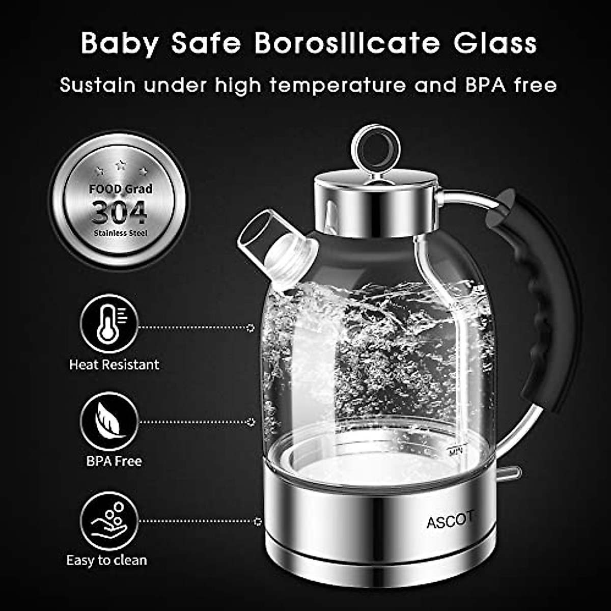 ASCOT Electric Kettle, 100% BPA-Free Glass Electric Tea Kettle, 1.6L 1500W Retro Tea Heater & Hot Water Boiler, No Plastic, with Auto Shut-Off and Boil-Dry Protection (Silver)