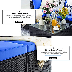 Waleaf 7 Pieces Outdoor Furniture Rattan Sectional Patio Sofa, Outdoor Indoor Backyard Porch Garden Poolside Balcony Wicker Conversation Set with Table (Dark Blue)