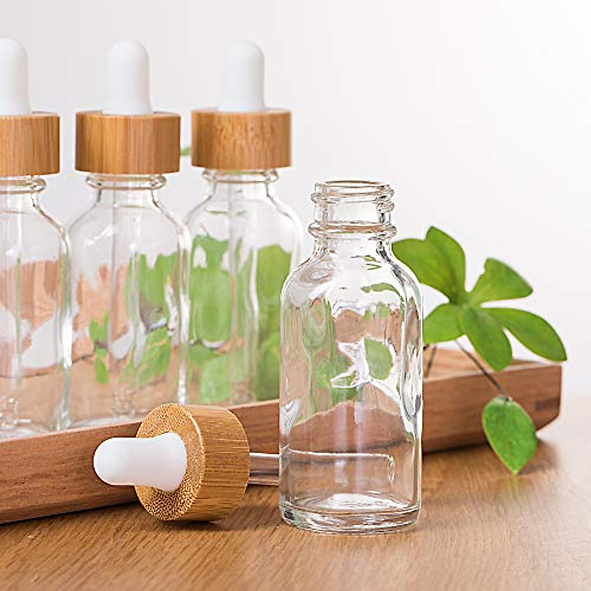 JHCFillé 1oz (30ml) Dropper Bottles, Clear Glass Boston Round Bottle with Bamboo Glass Eye Dropper, Tincture Bottles with Dropper, 6 Pack