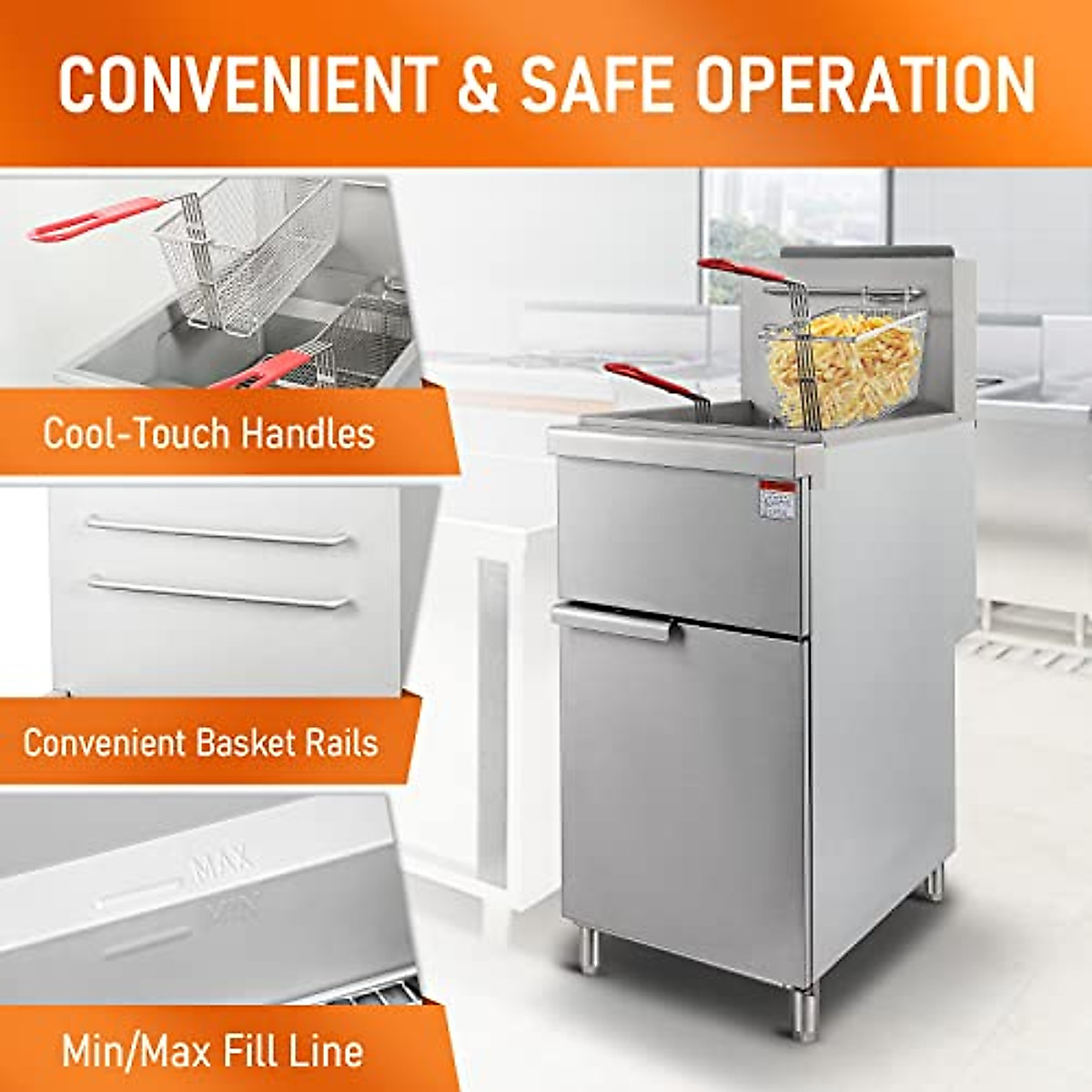 HOCCOT Commercial Deep Fryer with 3 Tube Burners, Stainless Steel Gas Floor Fryer in 90,000 BTU, 40lb. Capacity Deep Fryer with 2 Baskets for Restaurant Kitchen Food truck, 200℉-400℉ Adjustable Temp