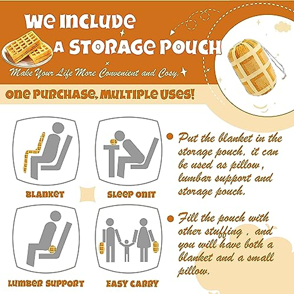 Bnuitland Waffle Funny Blanket,300 GSM Double Sided Giant Funny Throw with Waffle Pouch,Realistic Super Soft Food Blanket,Novelty Tortilla Swaddle Blanket for Baby/Kids and Pets Wrap