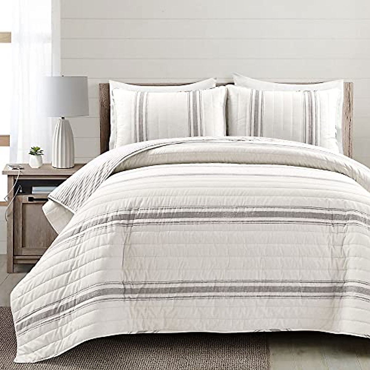 Lush Decor Farmhouse Stripe Reversible Cotton 3 Piece Quilt Set, Full/Queen, Gray