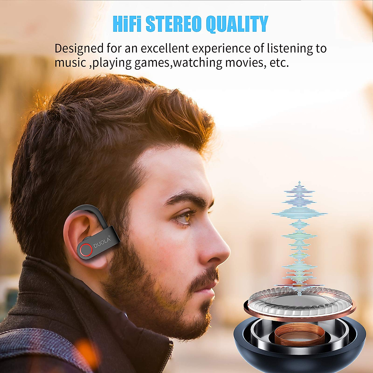 Duola Bluetooth 5.0 Earbuds with Ear Hook, Sport Wireless Headphones, Noise-Cancelling, 8 Hours Playtime, High Stereo-Sound Quality, Compatible with iOS/Android/Windows, Black