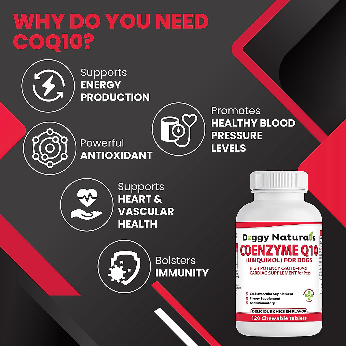 Coenzyme Q10 High Potency COQ10-40mg UBIQUINOL for Dogs (120 Tabs) Made in U.S.A. CoQ10 for Dogs