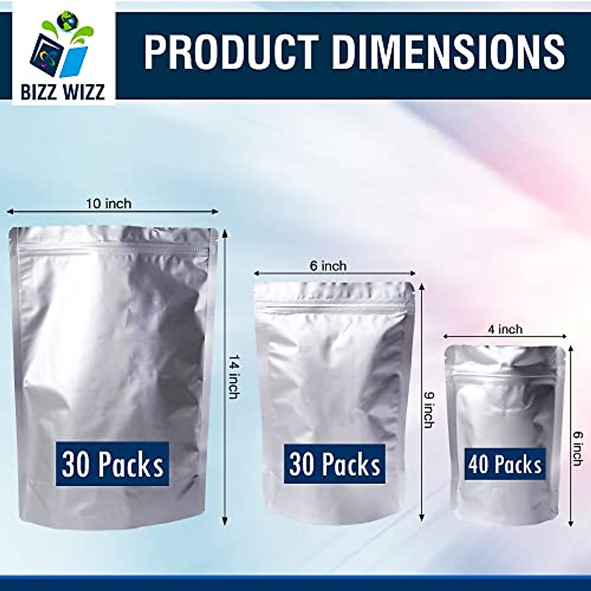 100pcs Mylar Bags for food storage with 300cc oxygen absorbers & Labels- 9.5 Mil Thick variety pack of 10"x14", 6"x9", 4"x6" reusable zip lock bags