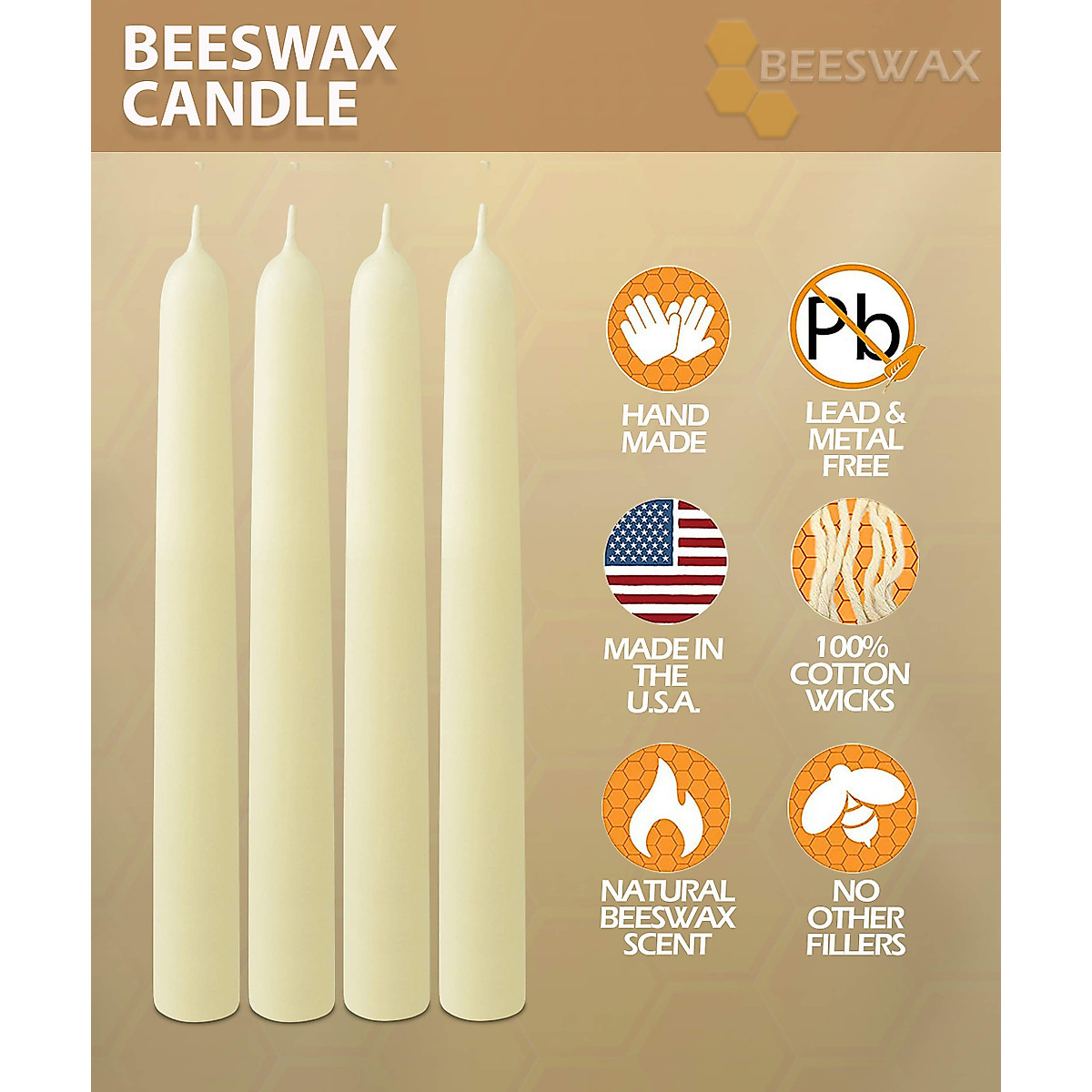 Hyoola 6" Beeswax Taper Candles - 6 Hour Burn Time - White Beeswax Candles - 4 Pack