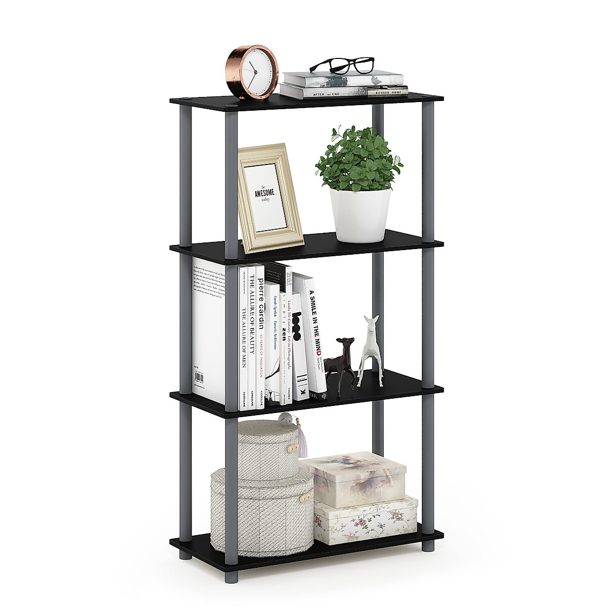 Furinno (99557BK/GY) Turn-N-Tube 4-Tier Multipurpose Shelf Display Rack - Black/Grey