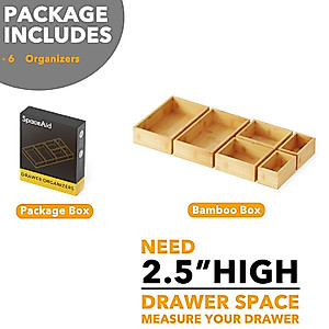 SpaceAid 6 Pcs Bamboo Drawer Organizer Storage Box Set, Multi-Use Drawer Organizer Bin for Kitchen, Bathroom, Office Desk and Makeup (6 Boxes)