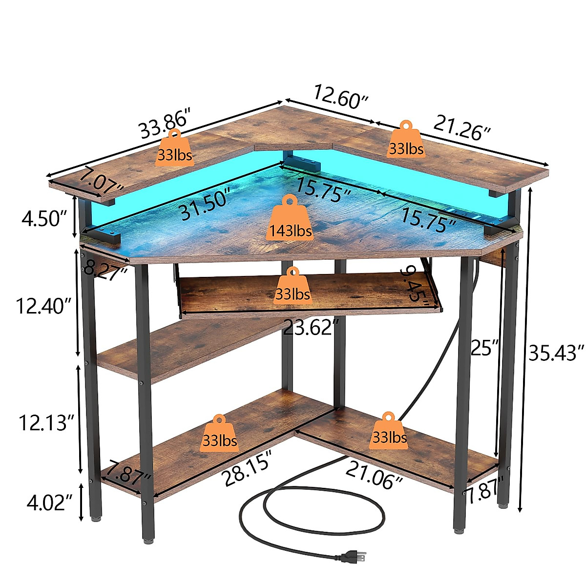 Auromie Corner Desk with Charging Station & LED Light, Triangle Corner Desk with Monitor Stand & Keyboard Tray for Small Space, Gaming Computer Desk with Storage Shelves for Home Office (Rustic)