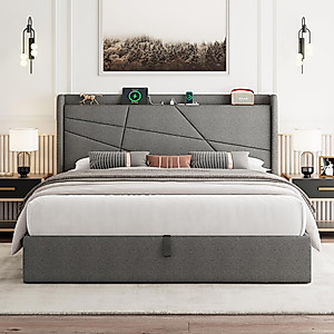 iPormis Queen Size Lift Up Storage Bed Frame with Charging Station, Upholstered Platform Bed Frame with Headboard, Hydraulic Storage, No Box Spring Needed, Noise-Free, Easy Assembly, Dark Grey