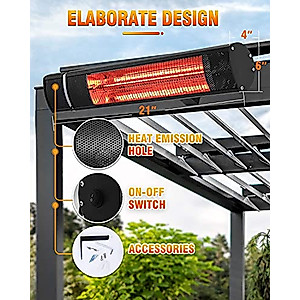 Electric Patio Heater, 1500W Outdoor Heater with 3 Power Settings, Infrared Heater with Remote Control, Overheat Protection, Wall Mounted Space Heater, In/Outdoor
