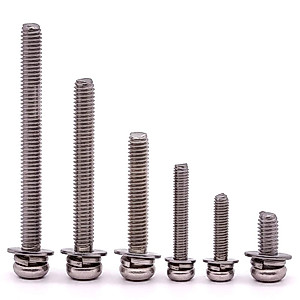 M4-0.7 x 6mm (100 Sets) Pan Head Machine Screws with Flat Washers and Lock Washers, Stainless Steel 304 (18-8), Phillips Drive, Full Coarse Thread UNC, Bright Finish