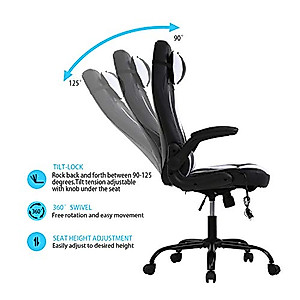 HCB Office Chair, Gaming Chair, Ergonomic Computer Desk Chair High Back Rolling Swivel Height Adjustable with Flip-Up Arms, Headrest and Lumbar Support, Massager, Leather （White）