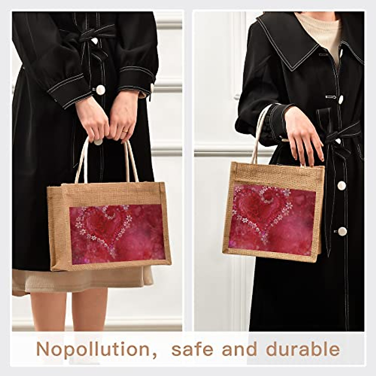 Sinestour Valentine''s Day Heart Jute Tote Bag Jute Gift Bags with Handle Burlap Tote Bag with Canvas Front Pocket Jute Bags Beach Bags for Women Beach Tote Bag