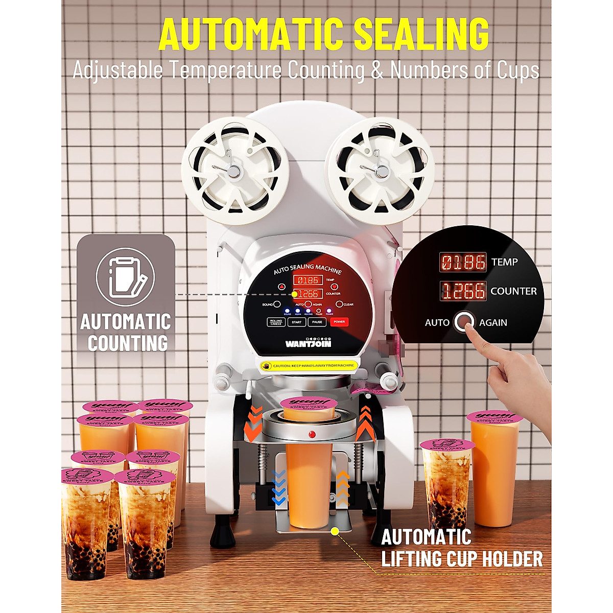 WantJoin Cup Sealing Machine Full Automatic Cup Sealer Machine 89/90/95MM 3.50/3.54/3.74IN Electric White Cup Sealing Machine 500-600 Cups/H(White)