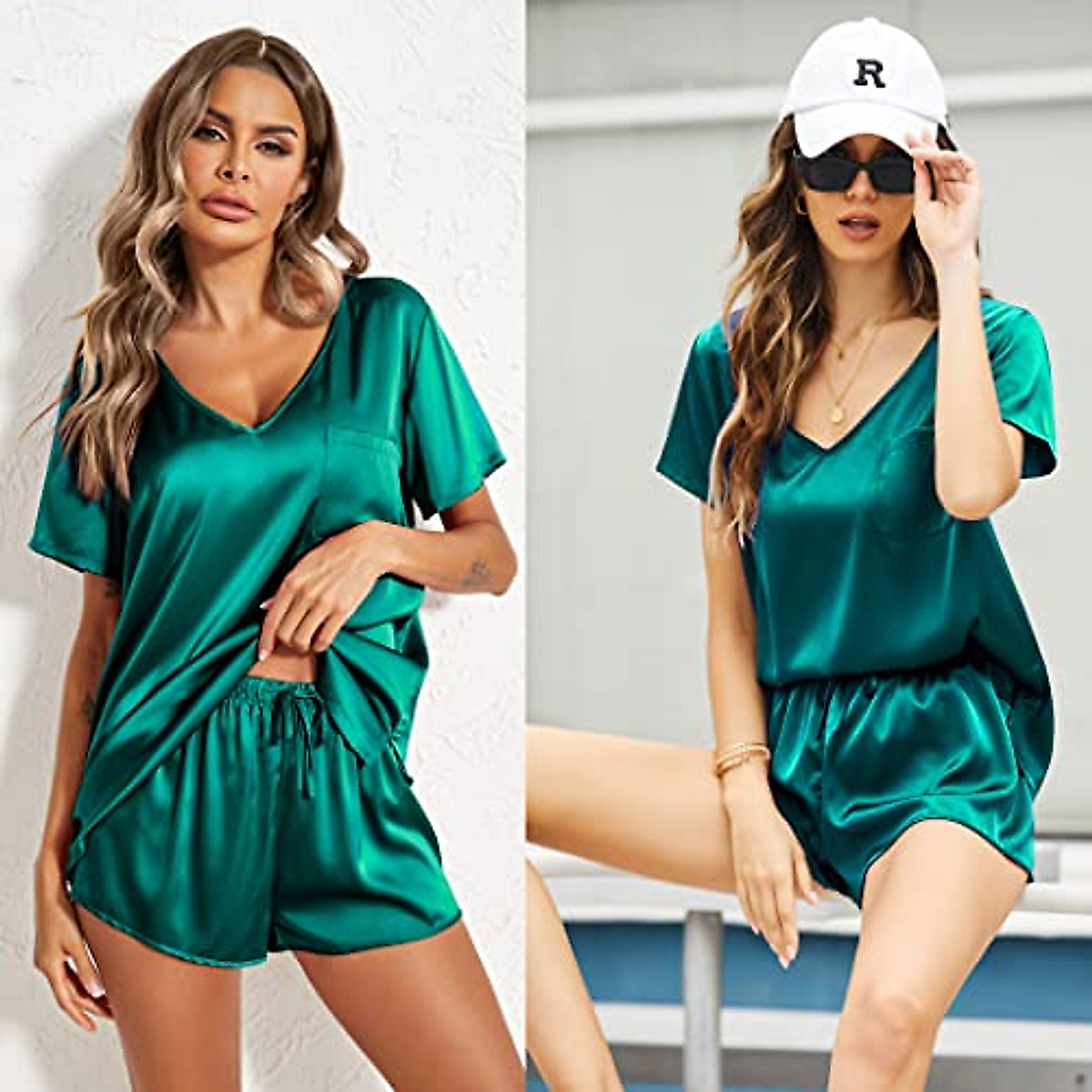 Ekouaer Satin Pajamas for Women Set Short Sleeve Pjs Top with Shorts Lightweight Two Piece Sleepwear Gift Set (Dark Green,S)