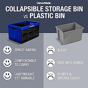 CleverMade Collapsible Storage Bin, Royal Blue, 3PK - 62L (16 Gal) Stackable Storage Containers, Holds 100lbs Per Bin - Plastic Storage Bins for Organizing, Closet Storage, Garage Storage