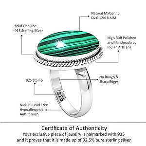 JEWELOPORIUM 925 Sterling Silver Ring for Women Size 7 Green Genuine Malachite Stone Solitaire Silver Ring New Year Gift Costume Jewelry