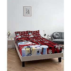 Full Size Fitted Sheet Bed Set Christmas Winter Snowman Cardinal Deep Pocket Soft Bottom Sheets&Pillowcases for Bedroom Decor Red and Black Buffalo Plaid,Fits Mattress Up to 16" Deep