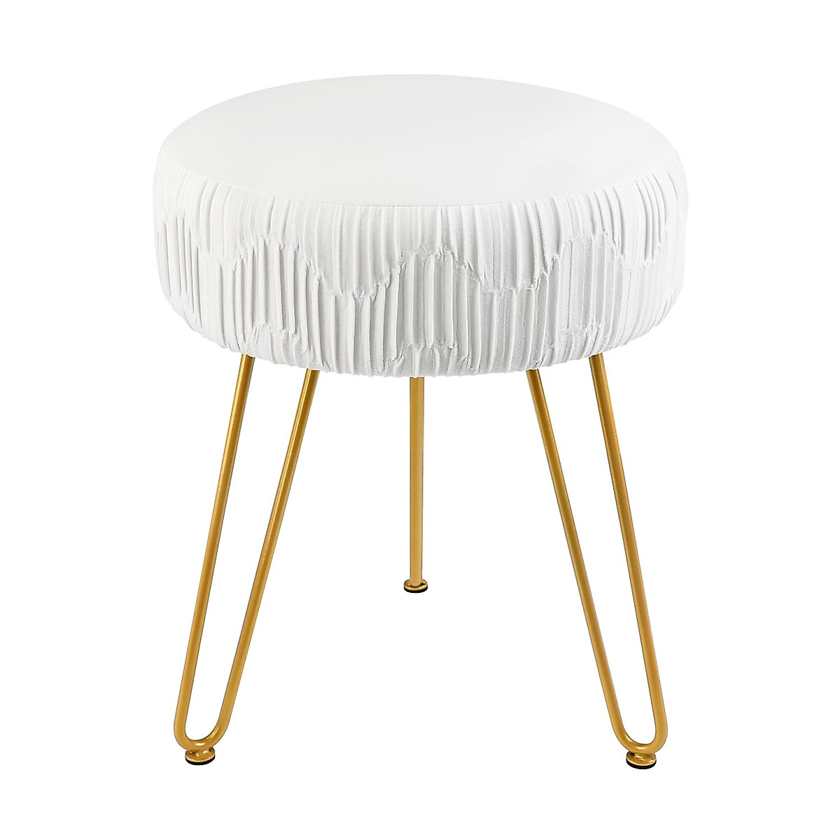 TOUCH-RICH Stripe Velvet Vanity Chair Round Ottoman,Upholstered Vanity Makeup Footstool Side Table Dressing Chair with Golden Metal Legs (White, Round-Normal)