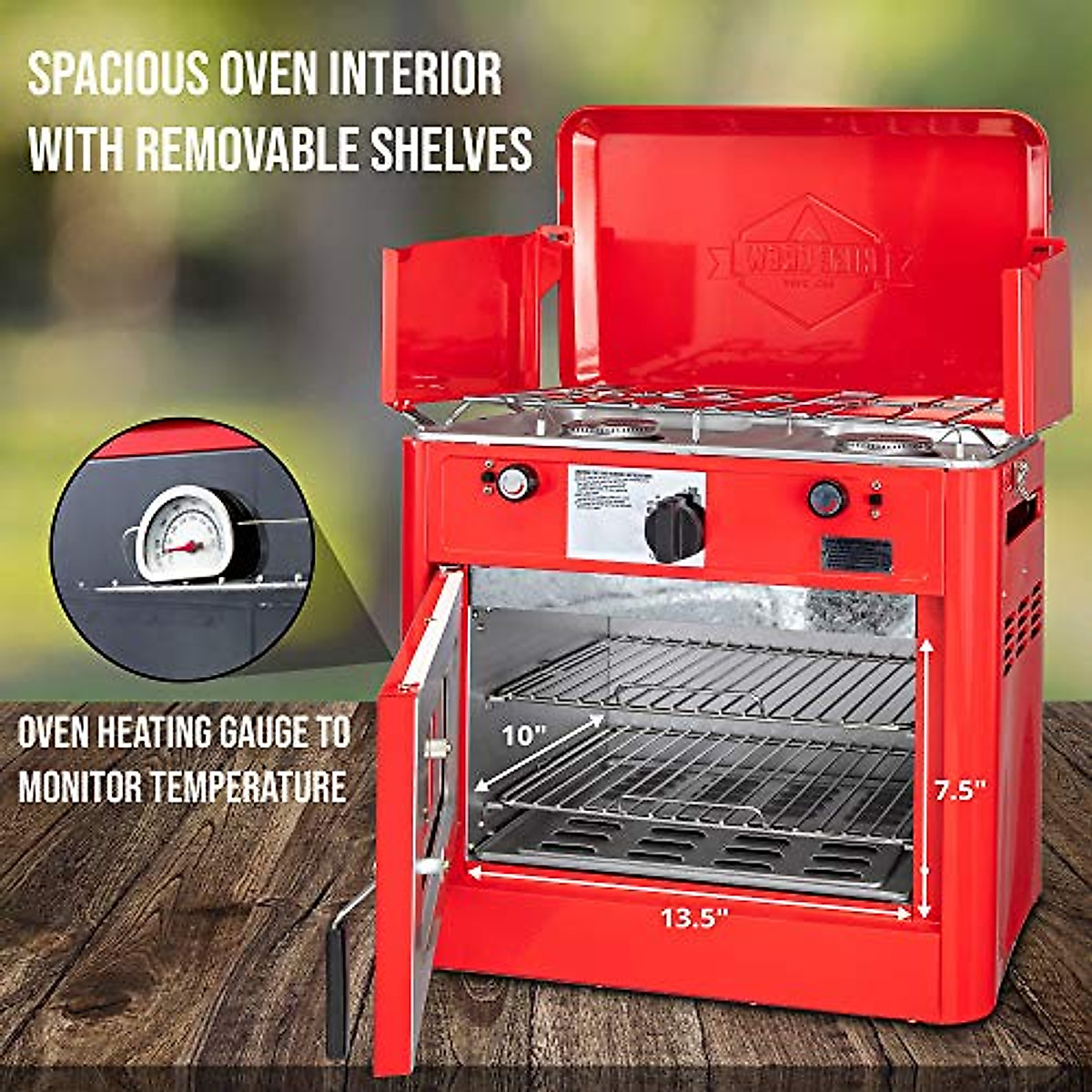 Hike Crew Outdoor Gas Camping Oven w/Carry Bag | 2-in-1 Portable Propane-Powered Stovetop & Oven w/ 2-Burner Cooktop Range, Auto Ignition, Overheat Safety Shutoff, Built-In Thermometer, Hose Regulator