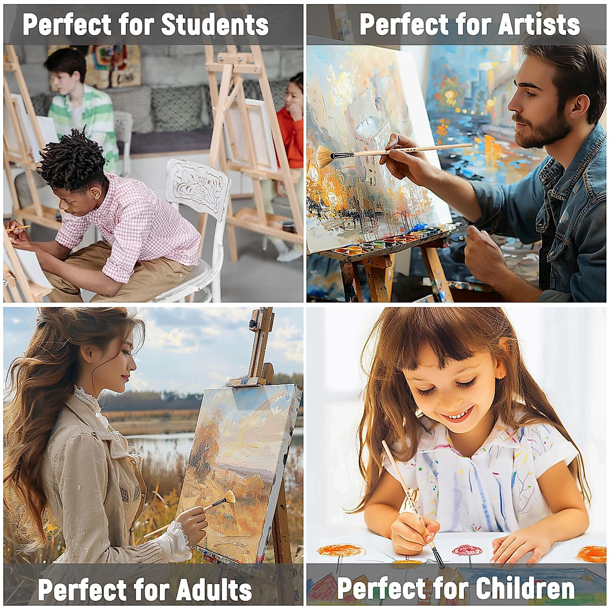 Artist Fan Paint Brush Set of 6, Hog Bristle Natural Hair Anti-Shedding Brush Tips, Long Wooden Handle for Comfortable Holding, Great for Acrylic Watercolor Oil Painting