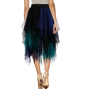 Women's Tulle Skirt A-Line High Low Asymmetrical 3 Layered Midi Length Elastic Waist Tutu Skirts (Black Green)