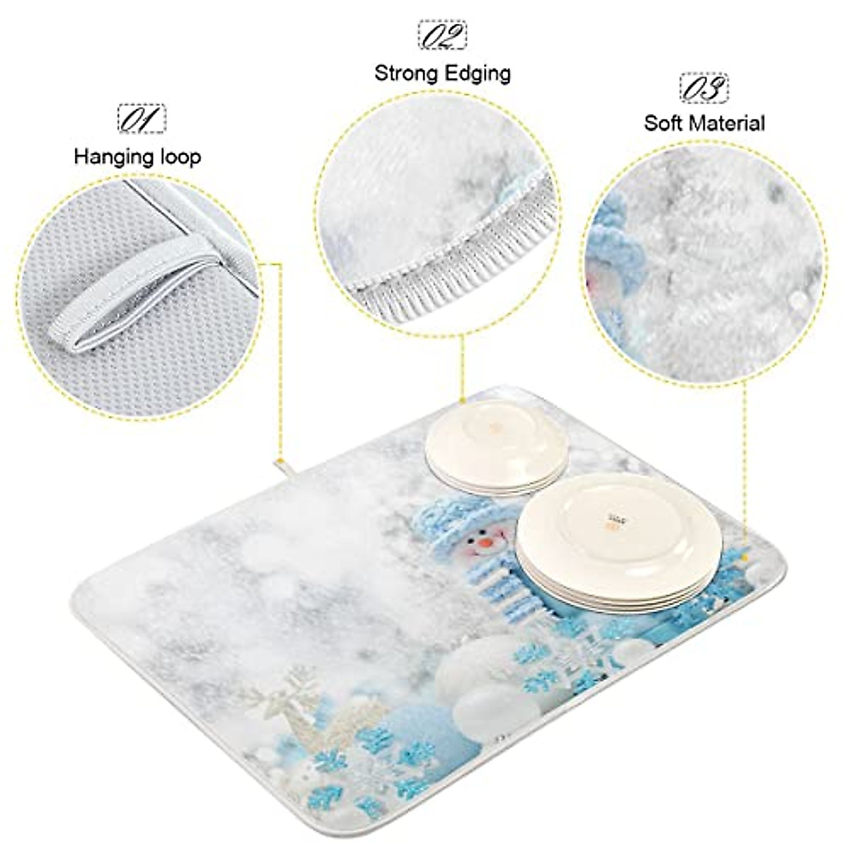 xigua Christmas Snowman Dish Drying Mat for Kitchen Counter,Texture Ultra Absorbent Reversible Microfiber Dishes Drying Rack Pad Heat-resistant Mats 16x18in
