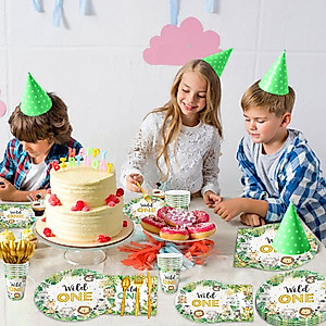 Jungle Safari Baby Shower Decorations Tableware Set Serves 24, Animals Paper Plates, Napkins, Cups, Cutlery for Baby Boy Wild One Birthday Baby Shower Party Supplies