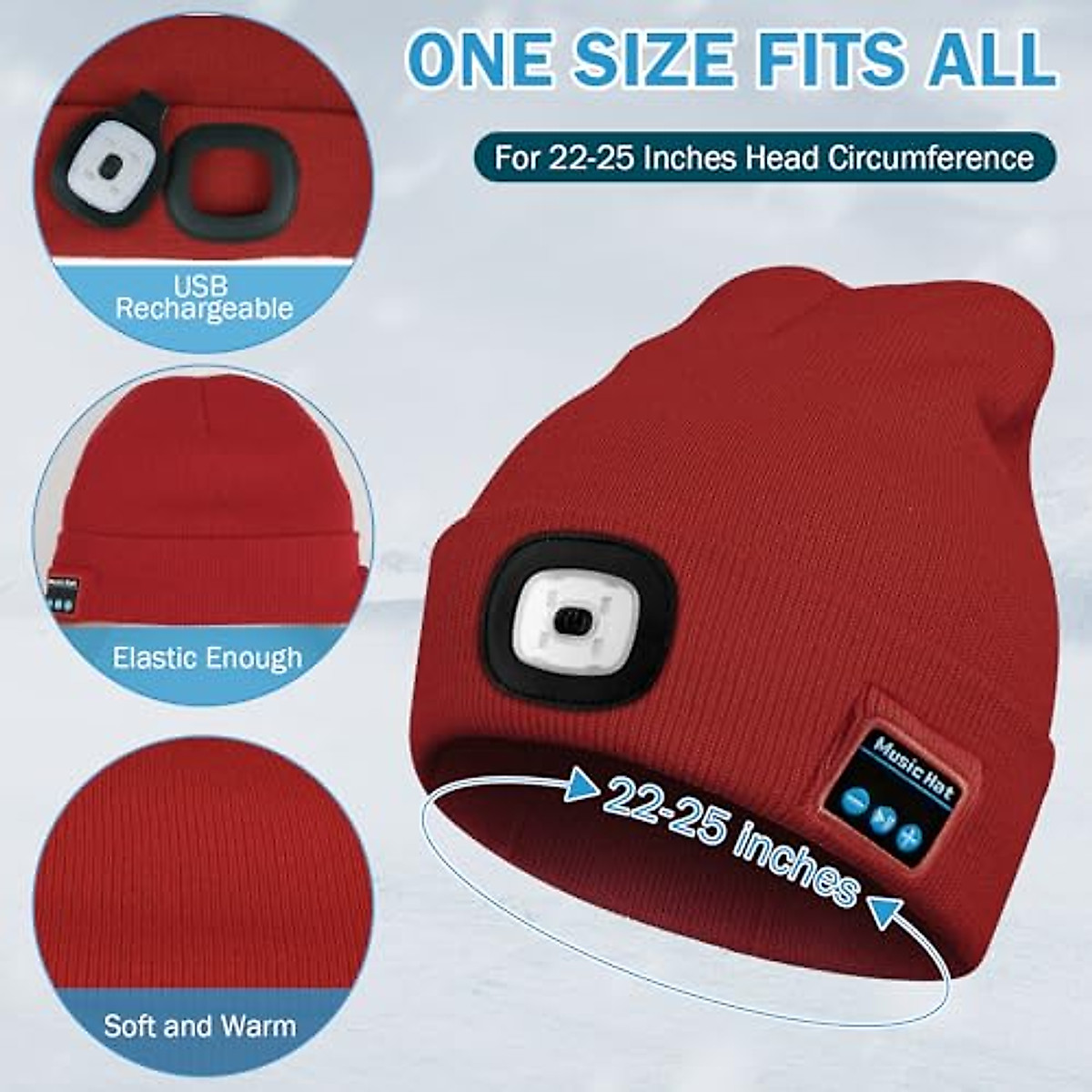 Bluetooth for Women Men Dad Beanie Hats with Light，Musical Knitted Cap with Headphone(Red)