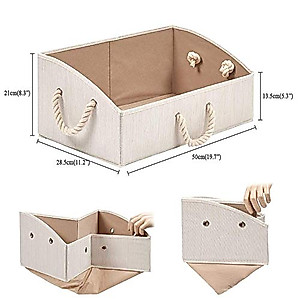 BeigeSwan Large Storage Bins [set of 3] Trapezoid Collapsible Organizer Boxes Baskets with Cotton Rope Handle - 19.7 x 11.2 x 8.3 inches (Beige)