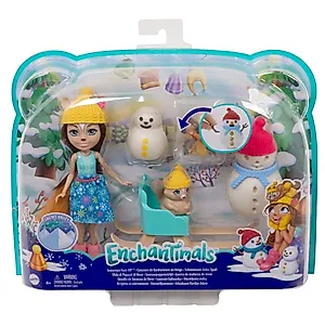 Mattel Enchantimals Snowman Face-Off with Sharlotte Squirrel Small Doll (6-in), Walnut Animal Figure, and 2 Snowman Figures with Removable Stick, Buttons, Carrot Nose for Building Fun