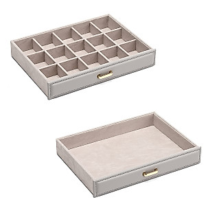 Vlando Jewelry Box Organizer, Leather Jewelry Display Case, 2 Jewelry Tray Drawer Storage for Necklaces, Earrings and Rings, Grey