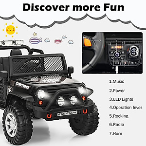 Costzon 2-Seater Ride on Truck, 12V Battery Powered Electric Vehicle w/Remote Control, 2 Speeds, Spring Suspension, LED Light, Horn, Music/ MP3, 2 Doors Open, Ride on Car for Kids (Black)