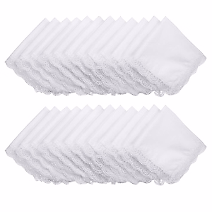 24 Pieces Ladies Handkerchief with Lace Pure White with Lace Edge Handkerchief for Women (Style A)