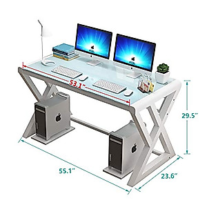 IPKIG 55.1Inch Tempered Glass Computer Desk w/Glass Top Metal Frame, Office Desk Computer Table Modern Office Study Work Writing Desk Table for Home Office Personal Workstation (White-55.1 Inch)