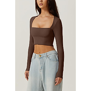 QINSEN Women's Sexy Square Neck Crop Top Long Sleeve Slim Fit Cropped T Shirts Coffee Bean M