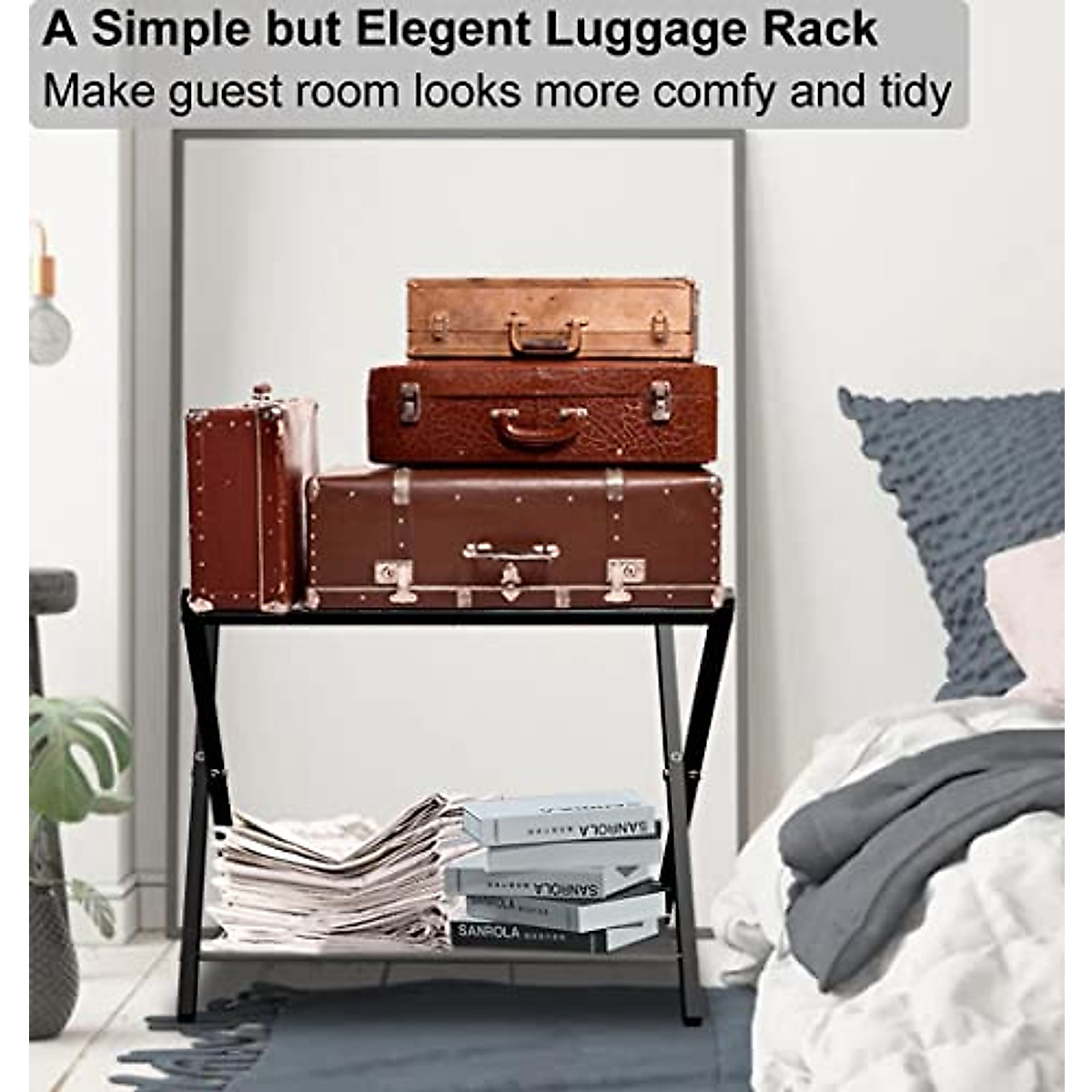 Fandature Folding Luggage Rack for Guest Room, Metal Foldable Suitcase Stand Holder with Colth Shelf for Bedroom, Black, 1pack