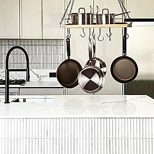 SODUKU Pot Pan Rack with Shelf Grid, Ceiling Mounted Hanging Multi-Purpose Wood & Metal Cookware Hanger Organizer Kitchen Storage with 10 Hooks