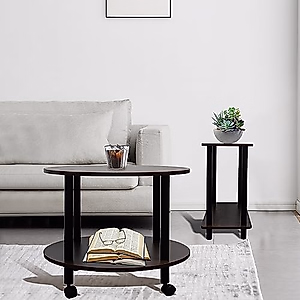 JIFULI Round Coffee Table, 23.62 inch Coffee Table for Living Room, Small Coffee Table with Open Storage, Mobile Coffee Table with Wheels, Wood Coffee Table for Modern Design Home