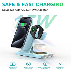 3 in 1 Foldable Charging Station for Apple Products,Fast Wireless Charger Travel Dock Adapter&Light for iPhone 15/14/13/12/11/X/XS/XR 8,iWatch Ultra 2/9/Ultra/8/7/6/SE/5/4/3,Air pods 3/2/Pro/2 (Blue)