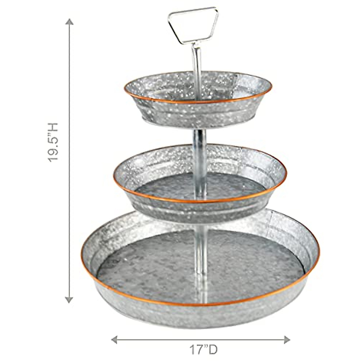 HOME-X Galvanized 3-Tier Stand, Rustic Home Decor, Farmhouse Kitchen Tray, Metal Fruit Stand and Dessert Stand, Tier Party Serving Tray, 17" D x 19 ½” H, Silver