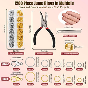 Amrules 1200 Pcs Jump Rings for Jewelry Making Supplies, Necklace Repair Kit with Open/Close Tools, Pliers, Tweezers, Lobster Clasps, Jewelry Jump Rings for Crafts and Key Chains (Silver and Gold)
