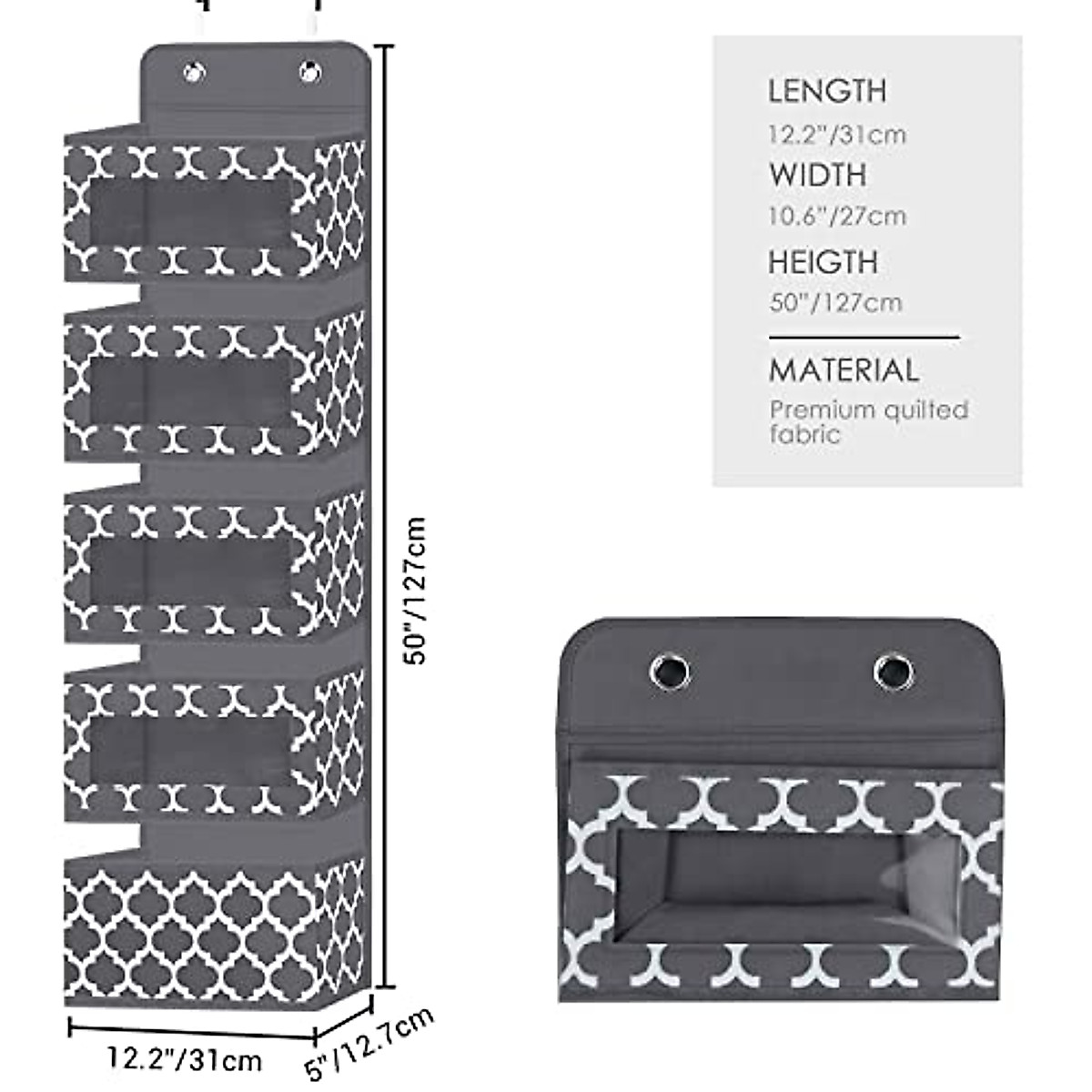 Over Door Organizer, Bathroom Pantry Nursery Cabinet Baby Storage with 5 Large Pockets & 2 Widened Hooks, Wall Mount Hanging Organizer with Clear Window for Cosmetics, Diapers, Closet, Dorm, Grey