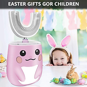 Kids U Shape Electric Toothbrushes Ultrasonic Whole Mouth Auto Toothbrush with 6 Cleaning Modes 2 Brush Heads Brushing Timer Lights IPX7 Waterproof Rechargeable Cartoon Design for Ages 2-6