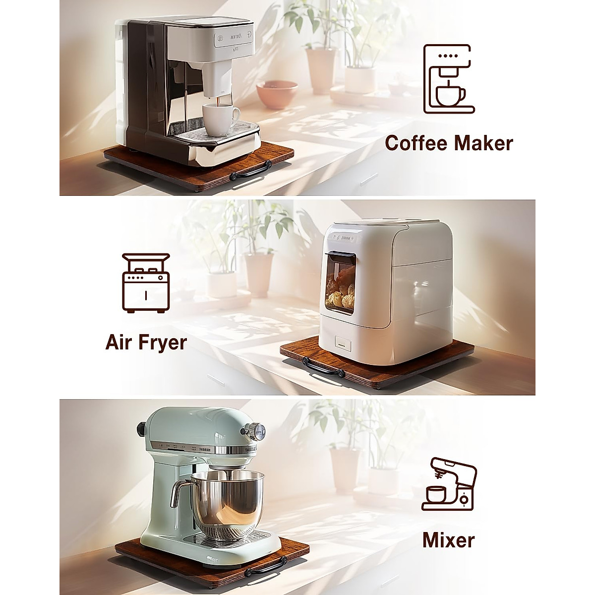 Evermagin Appliance Slider, Sliding Tray for Coffee Maker, Coffee Pot Slider Tray for Countertop, Kitchen Appliance Rolling Tray with Rubber Wheels (Rustic Brown, Large - Long (12.5” x 16”))